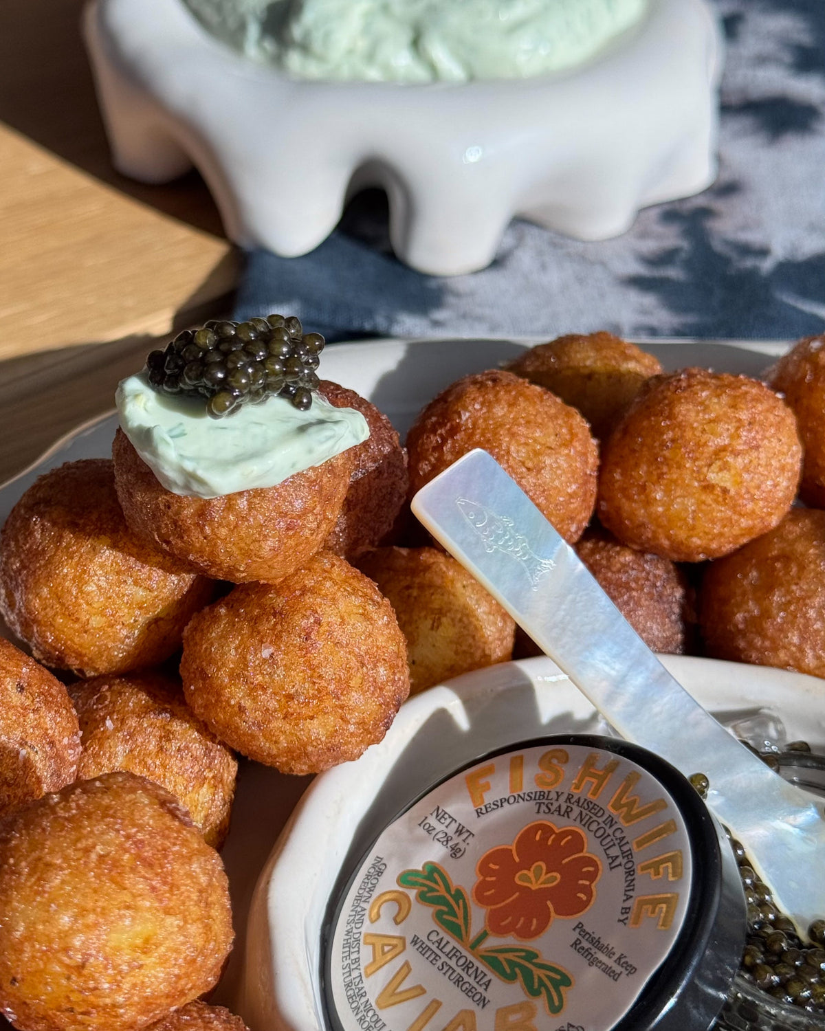 Crispy Mashed Potato Balls with Chive Crème Fraîche & Caviar | Fishwife